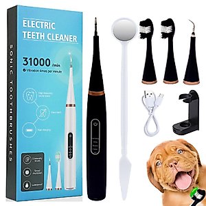 Yunbim Canident Dog Toothbrush, 5 Adjustable Strengths, IPX6 Waterproof, Removes Tartar, Ultra Soft, Reusable, Includes 2 Toothbrush Heads, Black-c