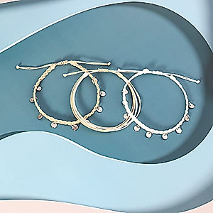 FANCY SHINY Boho Ankle Bracelets Waterproof String Anklets Braided Rope Anklet Beach Surfer Anklets Cute Coin Foot Jewelry for Women Teen Girls(White)