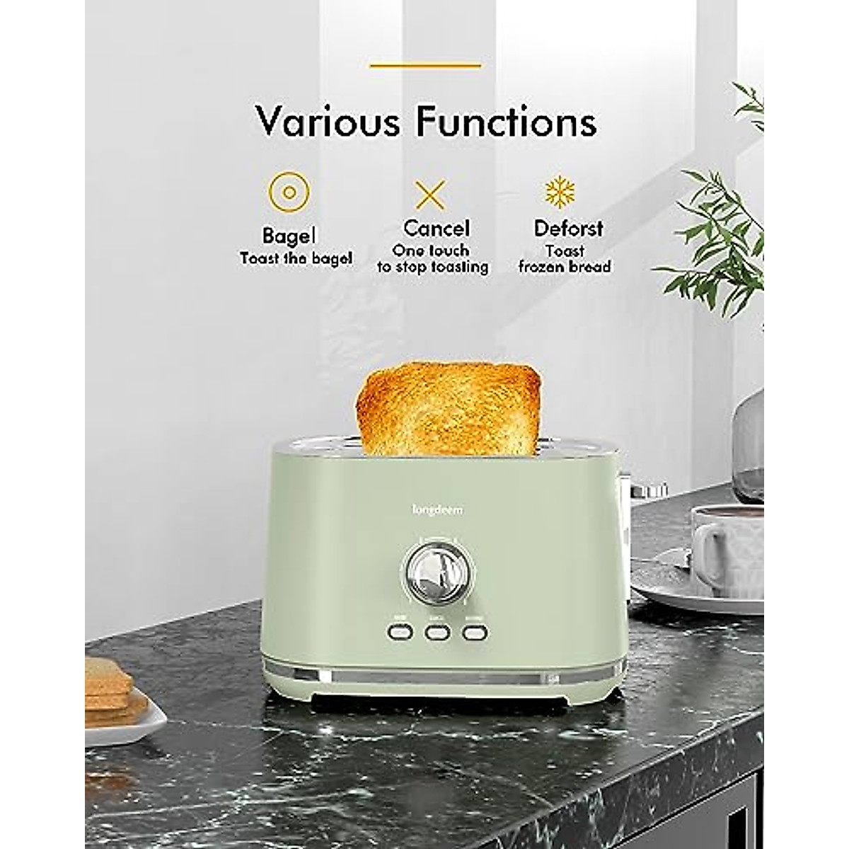 Toaster 2 Slice Stainless Steel Toaster Retro with 6 Bread Shade Settings, Bagel, Cancel, Defrost Function, Longdeem 2 Slice Toaster with Extra Wide Slot, Removable Crumb Tray, Pastel Green