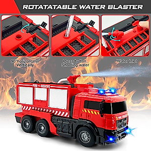 Remote Control Fire Truck With Led Sounds,RC Fire Truck Car Toy With 3pcs Small Firetrucks 10pcs Roadblock Models, One Button Press Spraying Water Transformer Fire Truck Toys For Kids Toddlers Boys