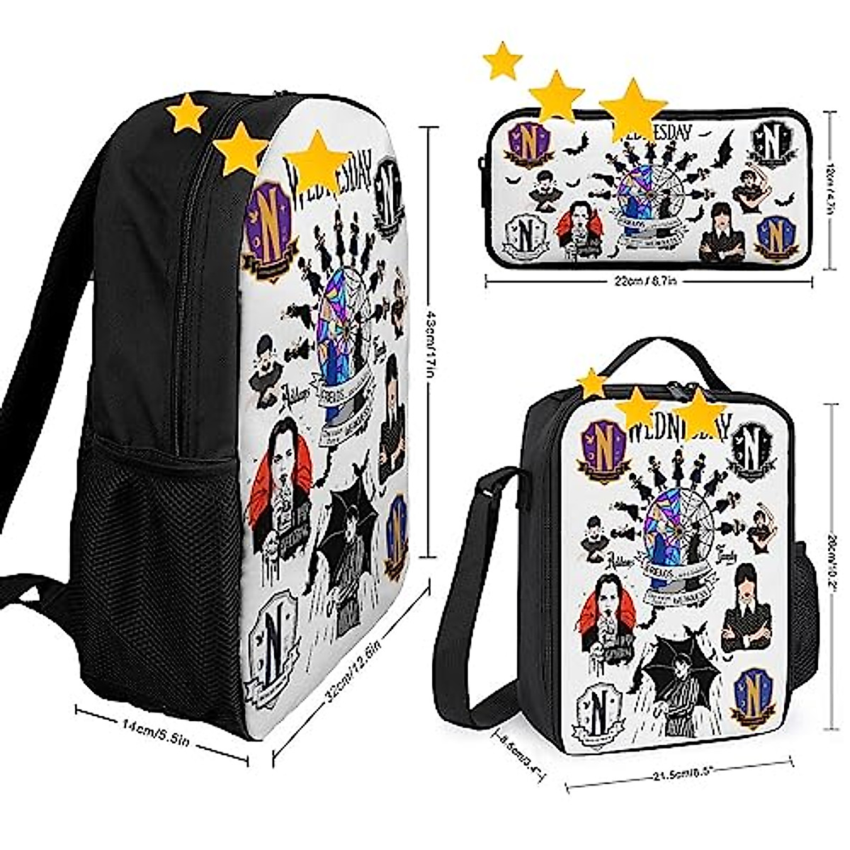 UDNHYET Wednesday Backpacks Set 3Pcs Multifunction Travel Bag with Lunch Box Pencil Case for Gifts