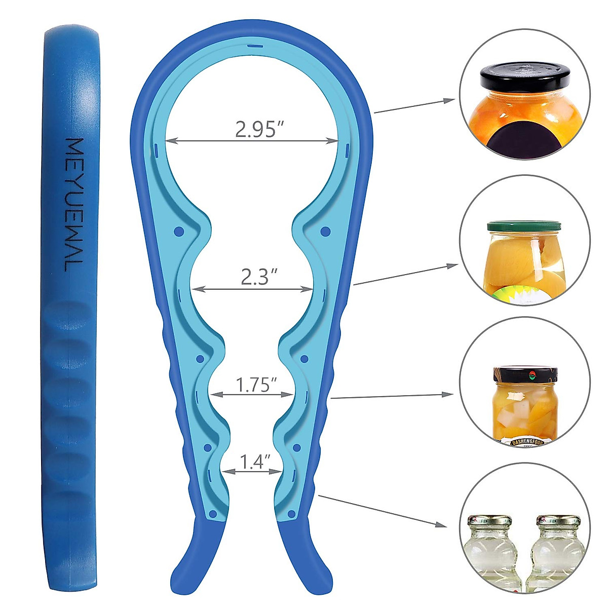 MEYUEWAL 5-in-1 Multi-Functional Bottle, Jar, and Can Opener with Silicone Handle for Children, Elderly, and Arthritis Sufferers (Blue)