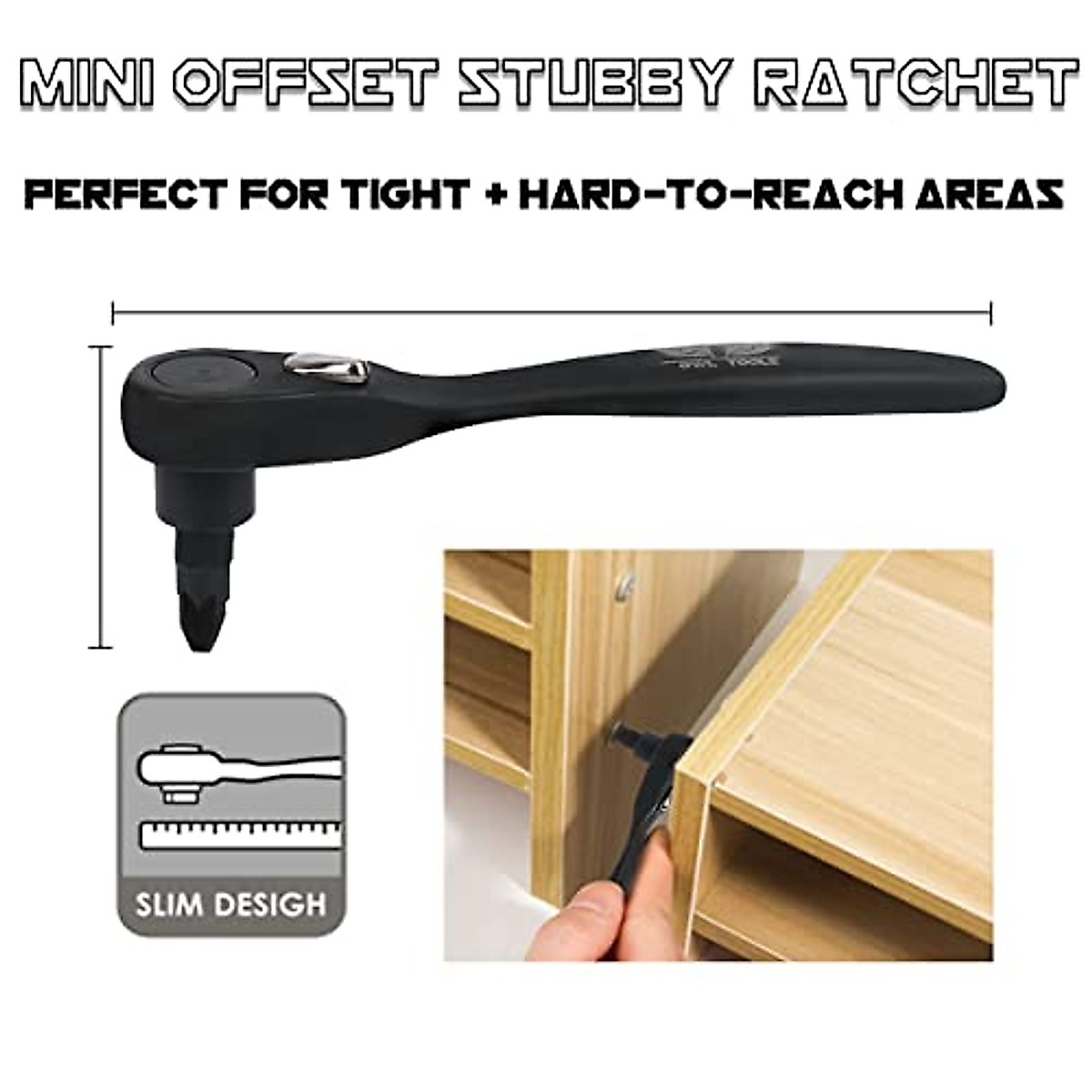Low Profile Right Angle Ratcheting Screwdriver Set - Mini Ratchet Set Includes 50 Screwdriver Bits Included (Hex, Square, Pozidrive, Phillips, Torx Slotted, Triangle)