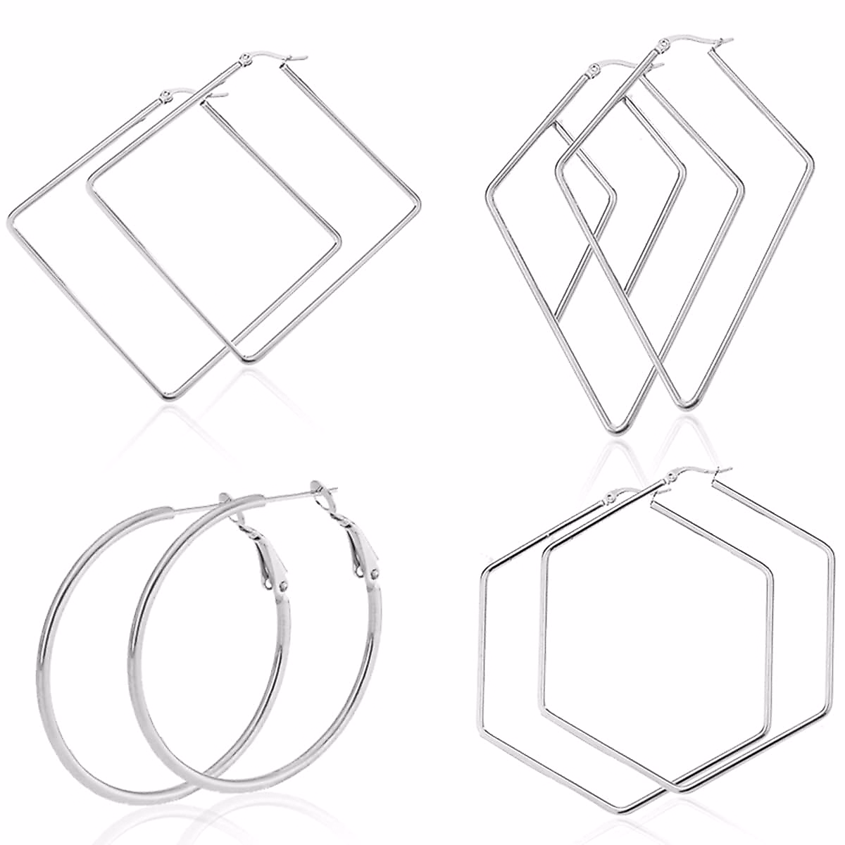 4 Pairs Stainless Steel Geometric Hexagon Round Square Thin Hoop Earrings for Women Jewelry Set-silver