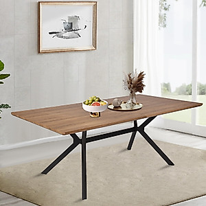 Fadidio 71" Rectangle Dining Table for 6 8, Mid-Century Modern Wood Kitchen Table w/Cross Metal Leg, Large Rustic Industrial Dining Table for Dining Room, Restaurant, Office, Conference, Walnut