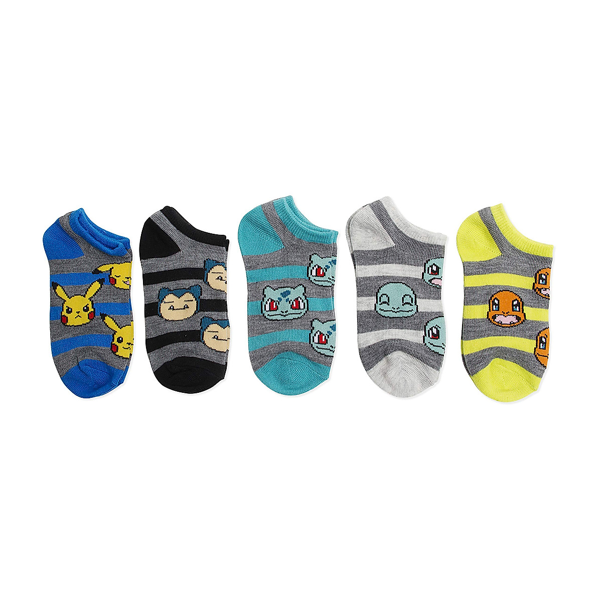 Pokemon Boys 5 Pack No Show Casual Sock, Assorted Grey Stripe, 9-11 US