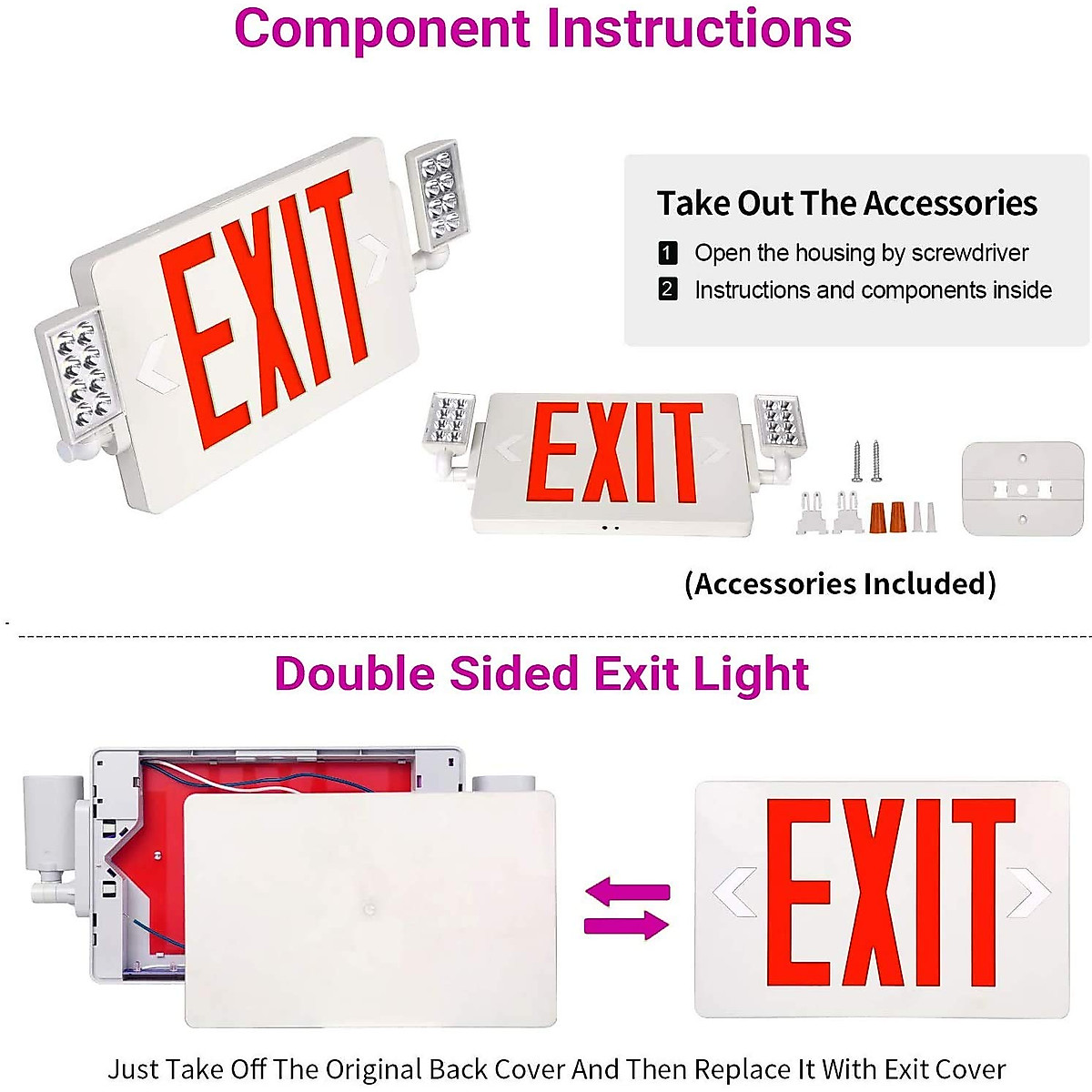 8 Pack Double Sided LED Emergency EXIT Sign Combo, Two LED Lights, Backup Battery, US Standard Red Letter Emergency Exit Lighting, Commercial Grade, 120-277V, Fire Resistant (UL 94V-0)