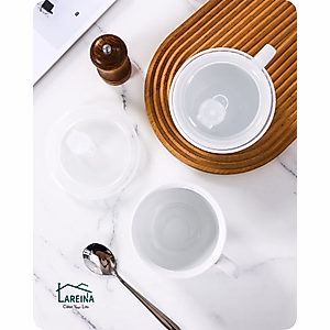 Lareina Large Soup Mugs 28 oz - Ceramic Cups With Anti-Heat Handle - Coffee Mugs Set With Vented Plastic Highly Sealed Lid Jumbo Soup bowl Microwave & Oven Safety - Set of 2 - White
