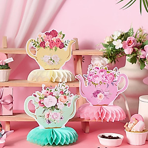 Jexine 9 Pcs Tea Party Centerpieces for Tables Princess Party Floral Teapot Honeycomb Decorations Tea Party Table Decor Teapot Decors for Summer Birthday Baby Shower Wedding Supplies (Classic Style)