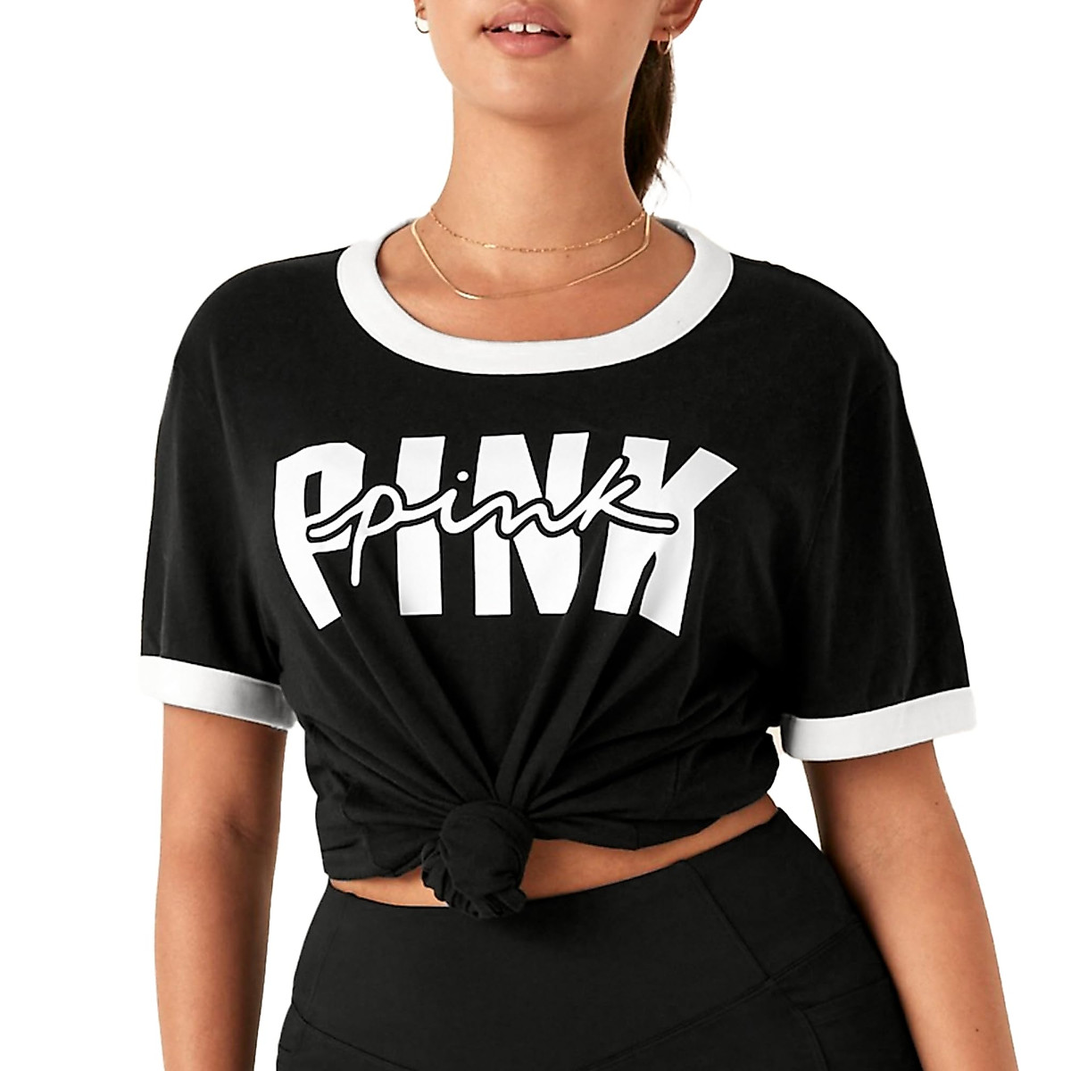 Victoria's Secret Women's PINK Logo Short Sleeve T-Shirt, Women T Shirt, Black Script, (XL)