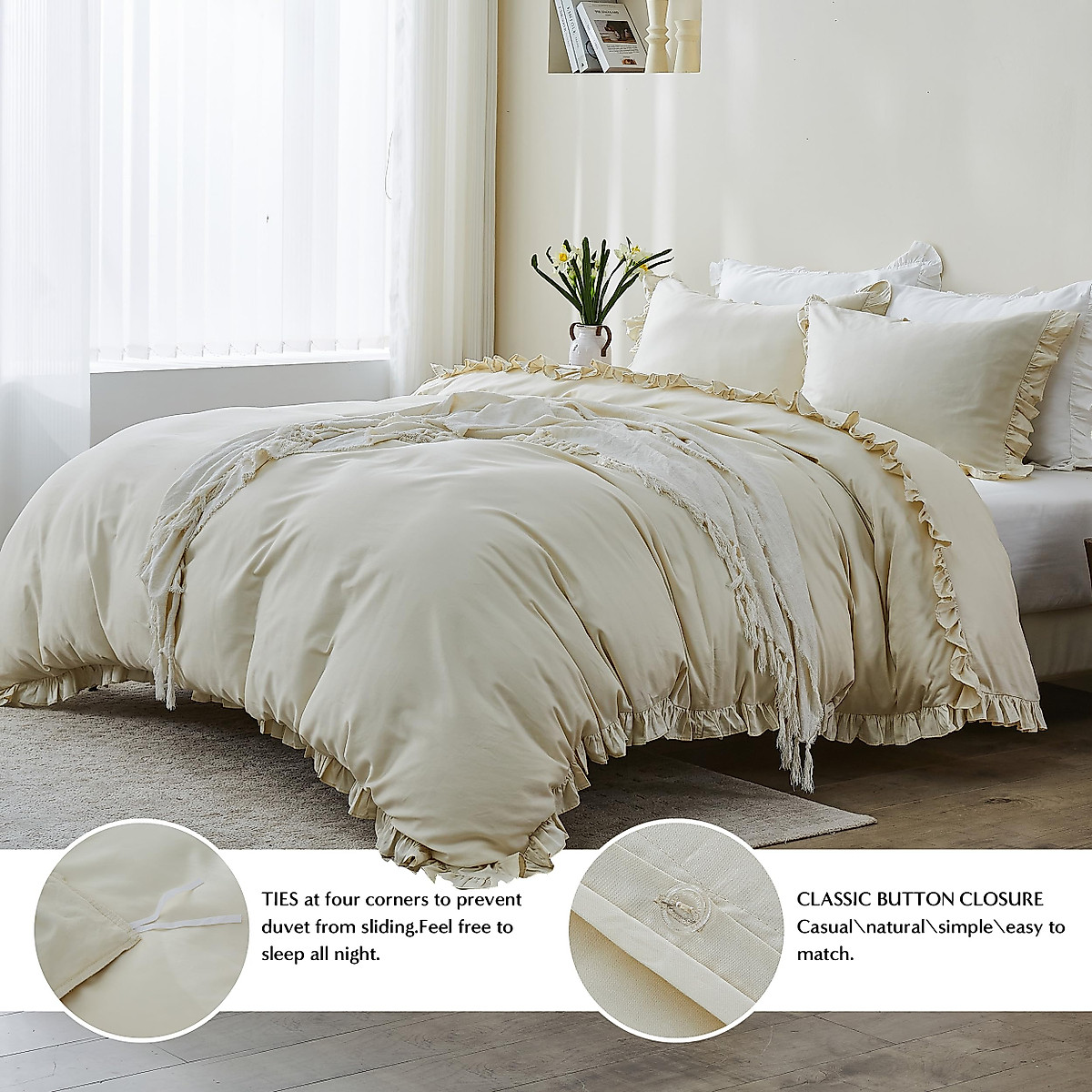 Simple&Opulence Kids 100% Organic Cotton Duvet Cover Ruffle- 3 Pcs (1 Comforter Cover 2 Pillowcases) Lace Shabby Chic High End Boho Floral Frill Bedding Set(Peach Pink,Queen)