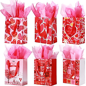 12 Pieces Valentine's Day Gift Bags Valentine Theme Paper Handles Bags Valentine's Day Love Goodie Bags with Tissue Paper and Heart Shaped Tags for Valentine's Day Party Favors Gift Wrapping