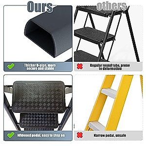 Ambikun Kitchen Step Ladder Black Thickened Manganese Steel 3 Foldable Step Stools for Adults and Children, Wide Step Stool-Up to 330 lbs Weight Capacity Great for Closet Access