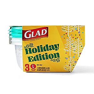 GladWare Big Bowl Large Round Holiday Edition Food Storage Containers with Lids | 48 oz Holiday Containers with Green Pine Tree Design, 3 Count Set | Airtight Food Storage Containers for Food