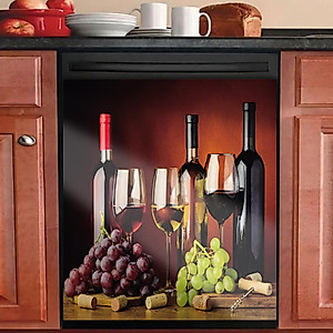 Yoso Grape Wine Bottle Magnetic Dishwasher Cover,Vintage Wine Glass Dishwasher Magnets Decorative Cover,Wine Vinyl Decorative Panel Decal,Fruit Wine Sticker Kitchen Decor, Wine, 23x26inch( Magnetic )
