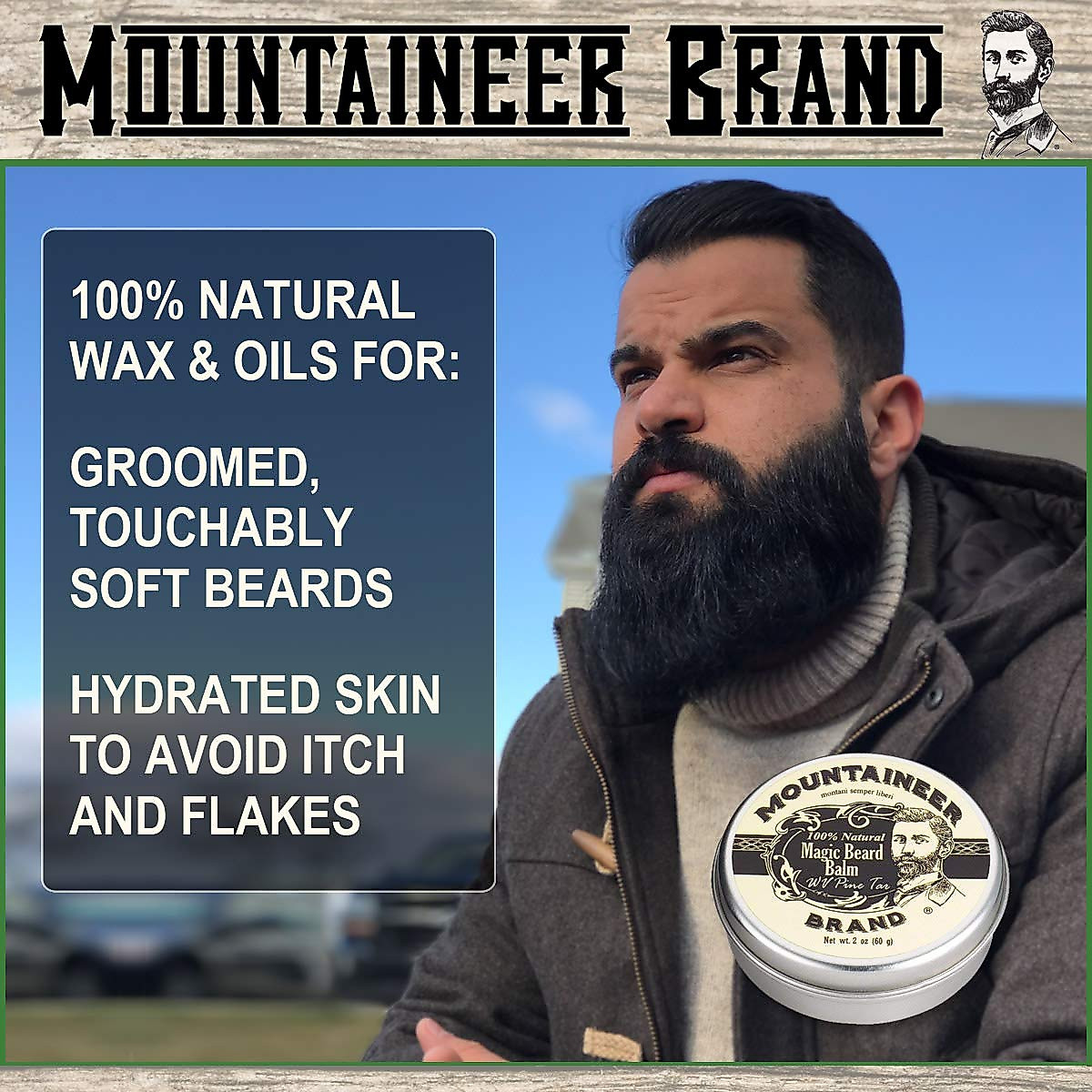 Mountaineer Brand Beard Grooming Care Kit for Men, Beard Oil (2oz), Conditioning Balm (2oz), Wash (4oz), Brush, WV Pine Tar Scent