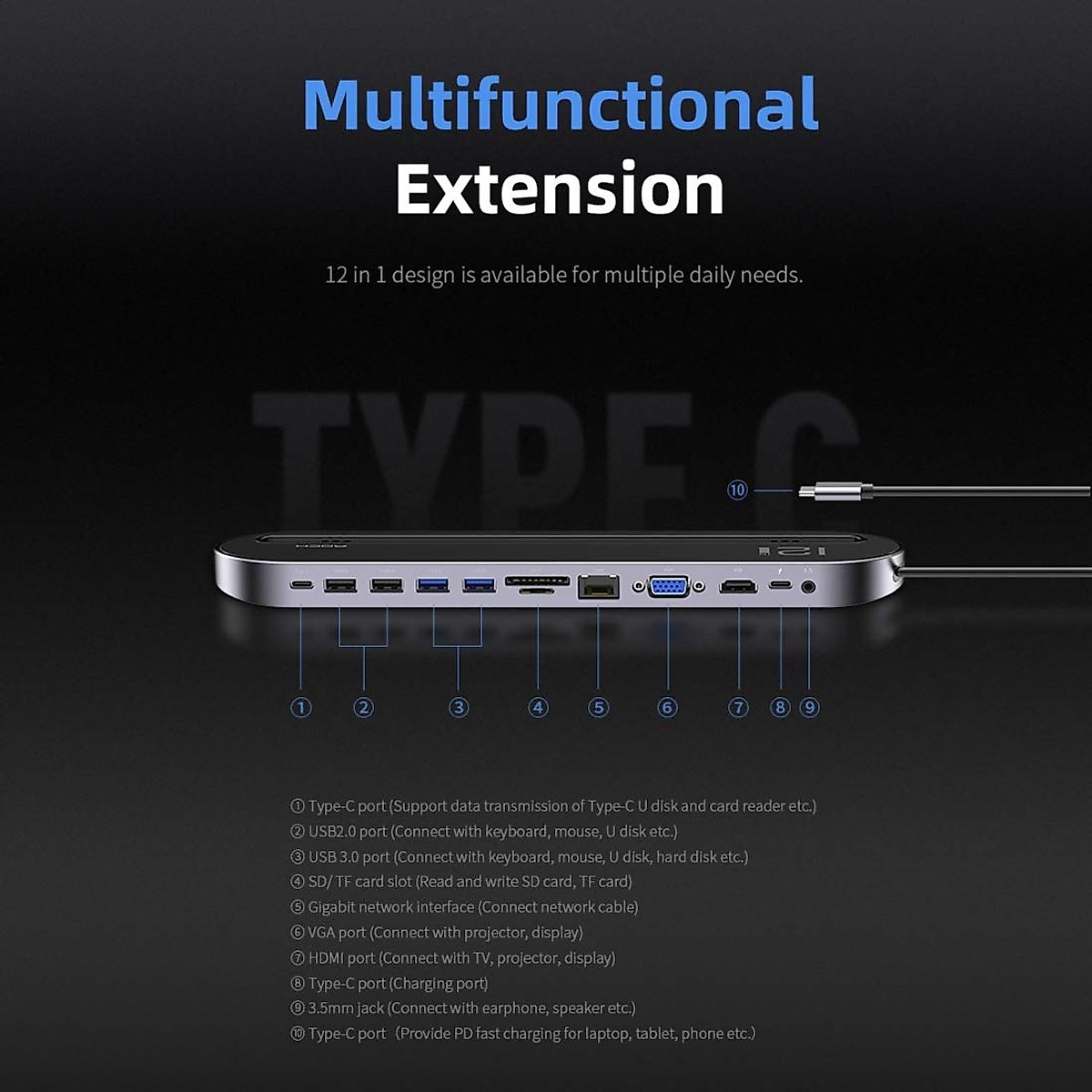 USB Hub Portable USB Hub RCB0724 12 in 1 3 USB-C/Type-C + 2 USB 2.0 + 2 USB 3.0 + RJ45 Gigabit Ethernet Port + VGA + HDMI Multi-Function HUB Laptop Stand Base with SD/TF Card Slot & 3.5mm Jack