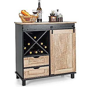 Giantex Buffet Sideboard, Coffee Bar Station with Sliding Barn Door, 2 Drawers, Wine Rack, Wood Cupboard Pantry, Farmhouse Storage Cabinet for Kitchen, Living Room (Natural & Black)