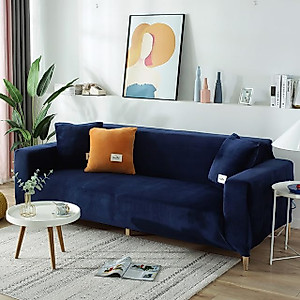 EURHOWING Stretch Velvet Sofa Cover for 4-Seaters Sofa,Anti-Slip Soft Couch Cover Sofa Slipcover w Pillowcase,Washable Furniture Protector with Anti-Skid Foam and Elastic Bottom,Navy Blue