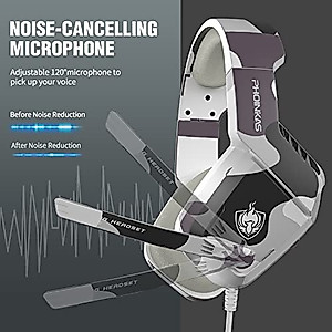 PHOINIKAS Gaming Headset for PS4, Xbox One, PC, Laptop, Mac, Nintendo Switch, 3.5MM PS4 Headset with Mic, Over Ear Headset, Noise-Cancelling Headset, Bass Surround, LED Light, Comfort Earmuff - Camo