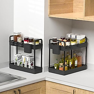 SLDMJFSZ 2-Tier Under Sink Organizer, Wide+Narrow Set Under Bathroom Cabinet Storage Organizer with Hooks, Hanging Cup,Black