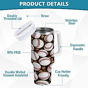 Jihqo Baseball Balls Pattern 40 oz Stainless Steel Vacuum Insulated Tumbler with Handle and Straw Lid, Leakproof Water Bottle Double Wall Travel Mug Coffee Cup, Cupholder Friendly