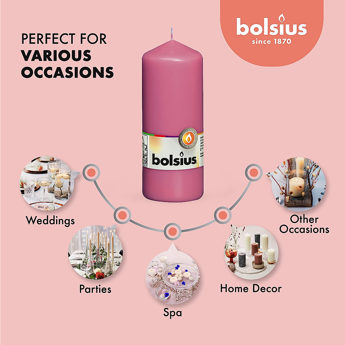BOLSIUS 10 Pink Pillar Candles - 2.25 x 6 Inches - Premium European Quality - Individually Wrapped - 42 Hours Burn Time - Dripless Smokeless Unscented Dinner, Wedding, Party, & Restaurant Candles