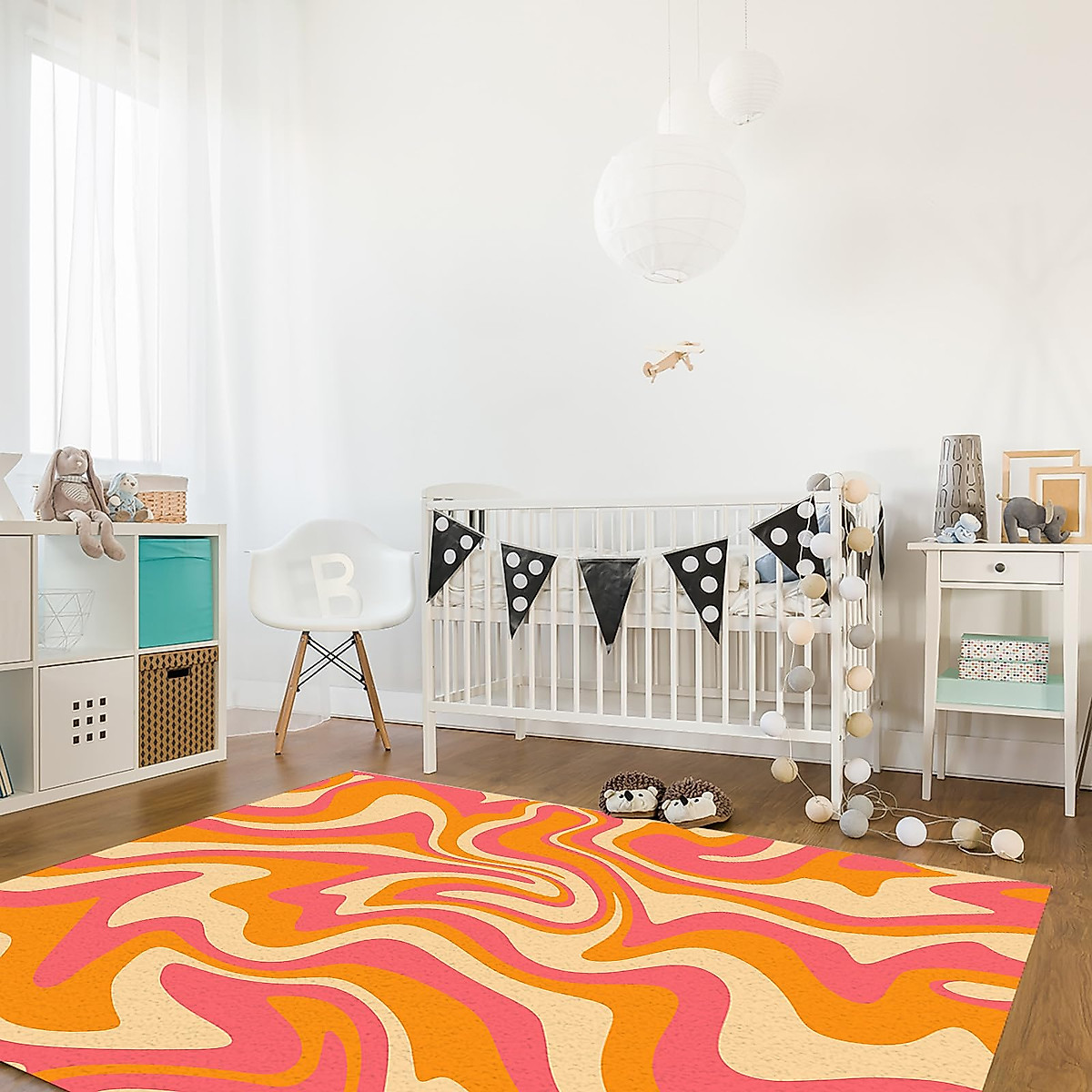 2' x 3' Area Rug, Orange Pink Non-Skid Rubber Backing Large Rectangle Rugs - Living Room Bedroom Home Office Modern Moire Geometric Abstract Art Indoor Floor Mat Carpets