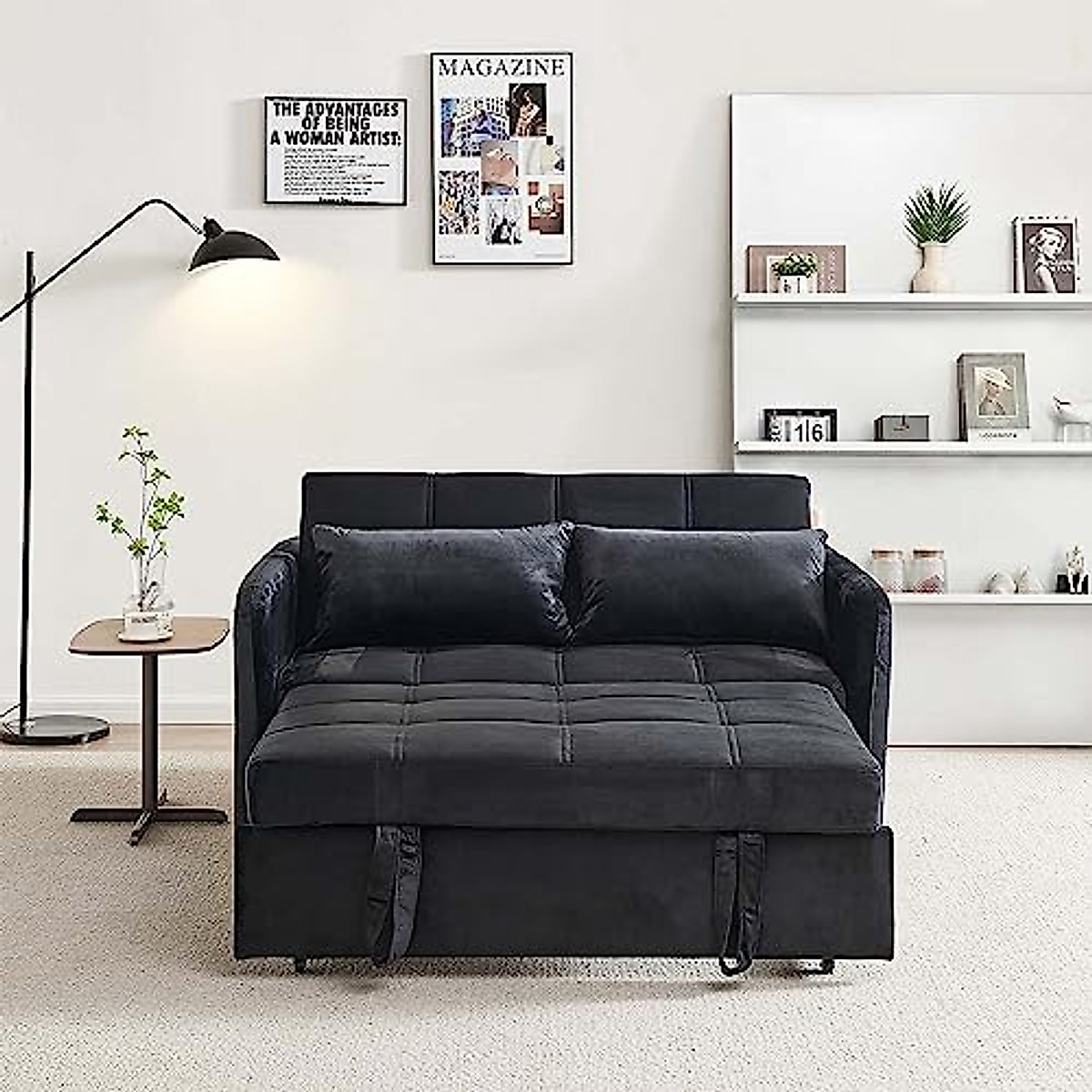 Antetek Sleeper Sofa Bed w/USB Port, Modern 3-in-1 Convertible Tufted Velvet Upholstered Pull Out Futon Couch, 55.5" W Small Loveseat Sofa for Office Living Room Small Space, Black