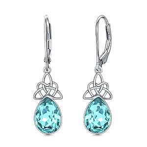 VONALA Celtic Knot Earrings 925 Sterling Silver Aquamarine Earrings Blue Crystal Leverback Dangle Earrings March Birthstone Earrings for Women