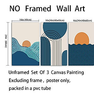 Boho Wall Art Decor Set of 3 Mid Century Blue Modern Rainbow Wall Decor 16x24in Canvas Paintings Print Minimalist Line Sun And Moon Artwork For Bedroom Living Room Nursery Aesthetic Bathroom