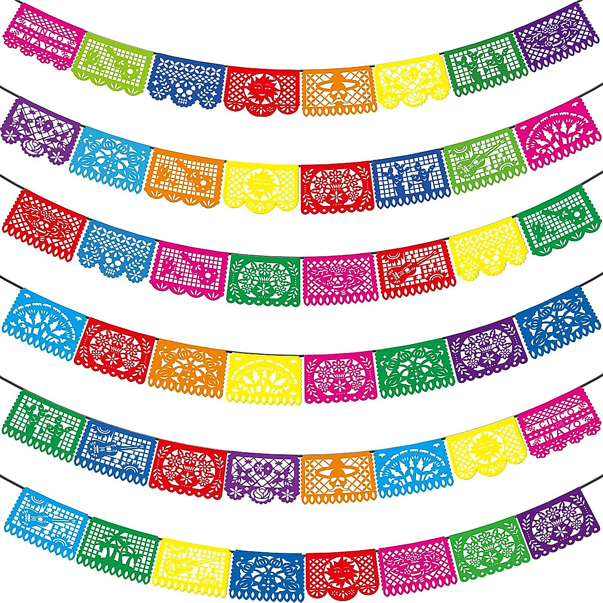 Asoulin 6 PCS 90 Ft Fiesta Party Decorations Mexican Party Banners, Cinco De Mayo Mexico Decor Easter Banner, Plastic Papel Picado, Dia De Los Muertos, Day of The Dead Decor, 12 Patterns/90 Feet Total