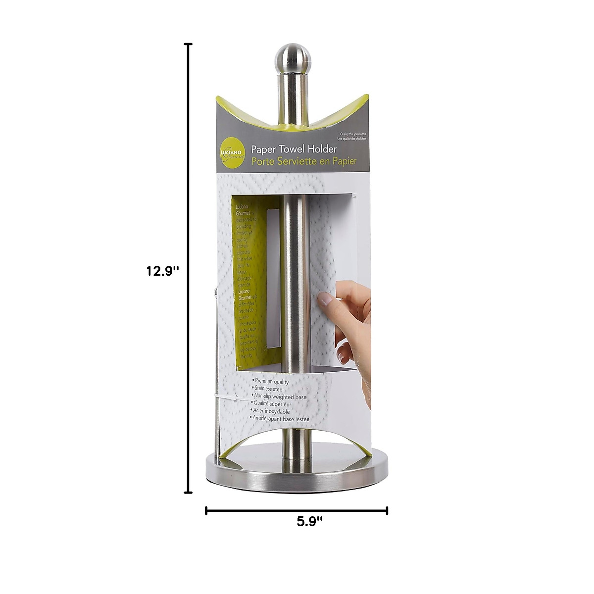 Luciano Housewares Luciano Satin Nickel Stainless Steel Kitchen Paper Towel Holder, 12.9" x 5.9"