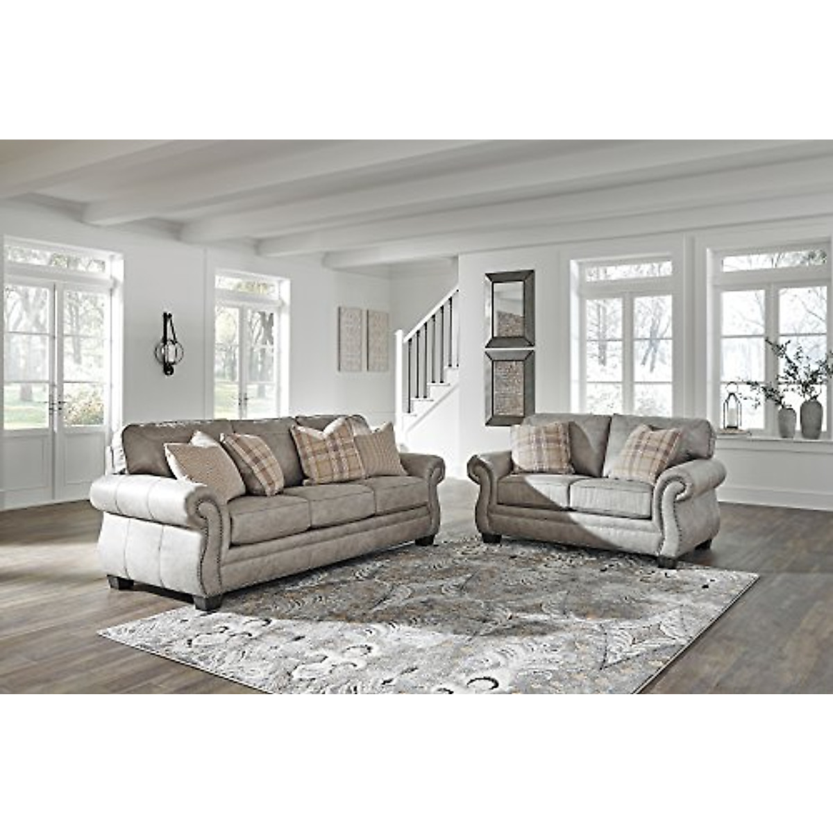Signature Design by Ashley Olsberg Faux Leather Loveseat with Nailhead Trim and 2 Accent Pillows, Gray