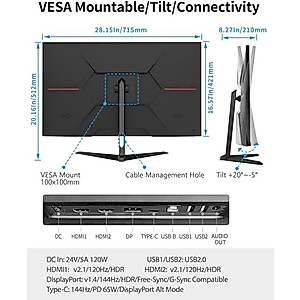FYHXele 4K Gaming Monitor 144Hz 32inch, Fast UHD IPS Computer Monitor, 1ms, VESA Mountable, DSC， Built-in Speakers, Free-Sync, 1xDP1.4, 1xHDMI2.1, 1xHDMI2.0, 1xUSB-C, USB Hub, 95% DCI-P3, HDR400