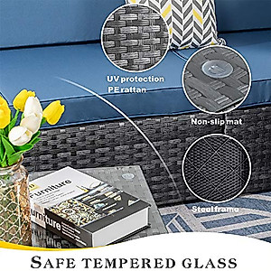 Shintenchi 7 Pieces Outdoor Patio Sectional Sofa Couch, Silver Wicker Furniture Conversation Sets with Washable Cushions & Glass Coffee Table for Garden, Poolside, Backyard (Aegean Blue)