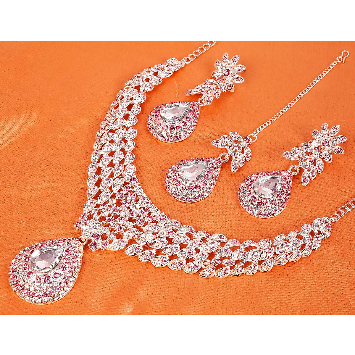 Touchstone Indian wedding jewelry sets for women necklace bollywood jewellery set pink and silver desi bridal designer necklaces earrings artificial joyeria rhinestone crystal fancy in white tone