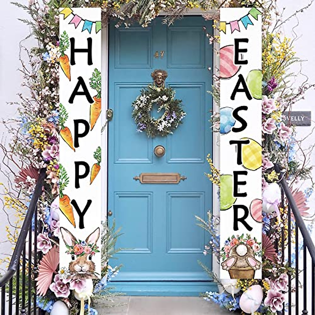Deroro Happy Easter Bunny Rabbit Porch Banner Sign, Eggs Carrot Front Door Decorative Hanging Welcome Banner Flag, Seasonal Spring Decoration Home Outdoor Decor