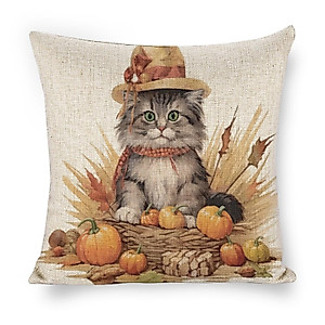 Cute Cat Autumn Pumpkin Throw Pillow Covers 18×18 Pillowcases Set of 1 Thanksgiving Day Linen Decorative Square Pillow Case Cushion Covers Standard Size for Sofa Couch Outdoor Bed Pillow Protectors