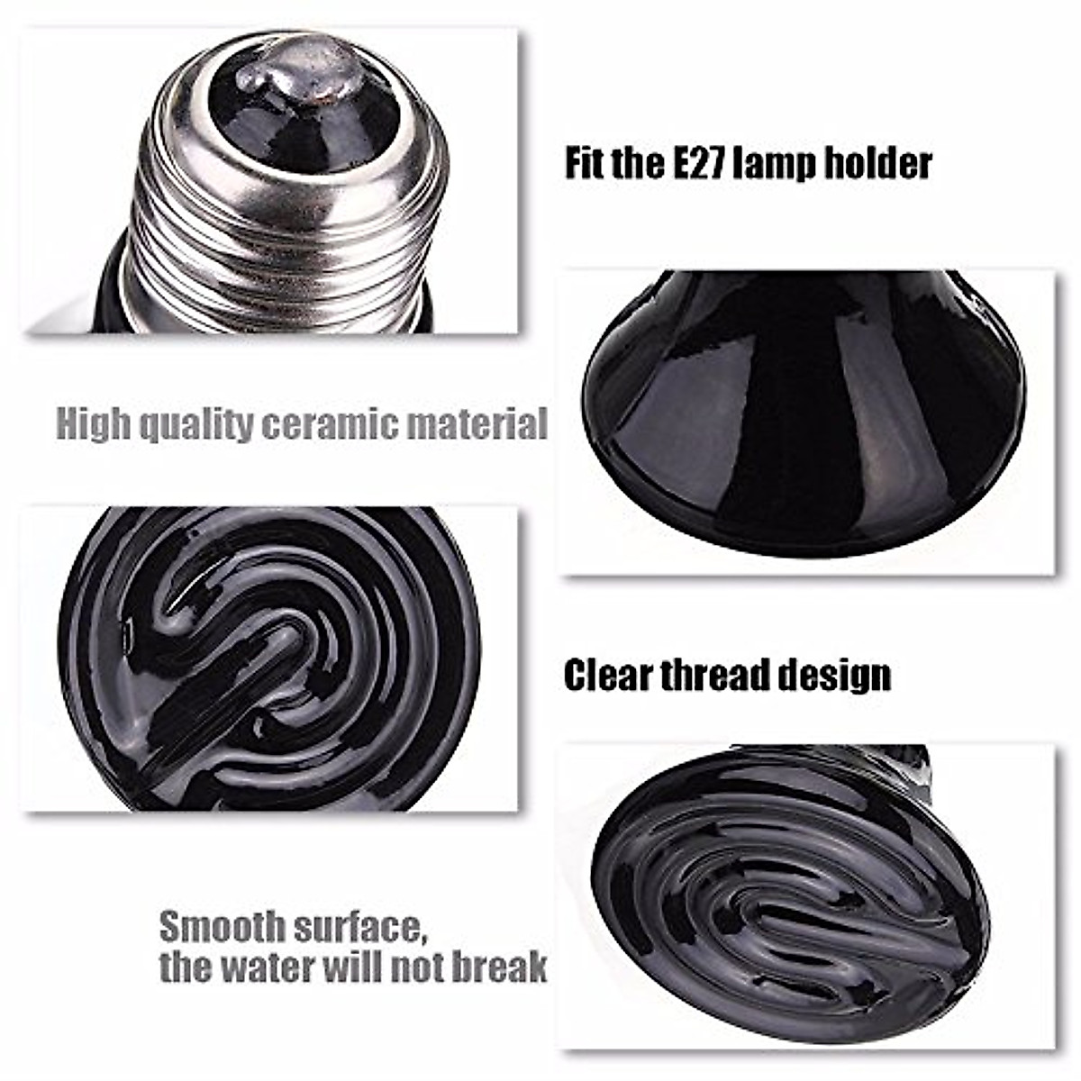 CTKcom 2-Pack 200W Reptile Ceramic Heat Lamp,E27 110V Infrared Heat Emitter Bulb,No Harm No Light Infrared Heat Emitter Brooder Lamp for Pet Coop Heater Reptile Chicken Turtle Heating Light Lamp,Black