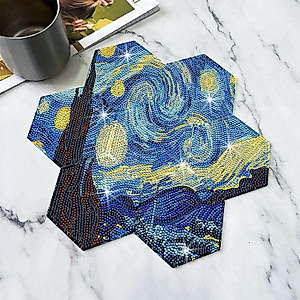 Diamond Painting Kits Coasters Starry Night, 7 PCS Diamond Art Hexagonal Coasters with Holder, Small Diamond Painting Kits for Adults Beginners