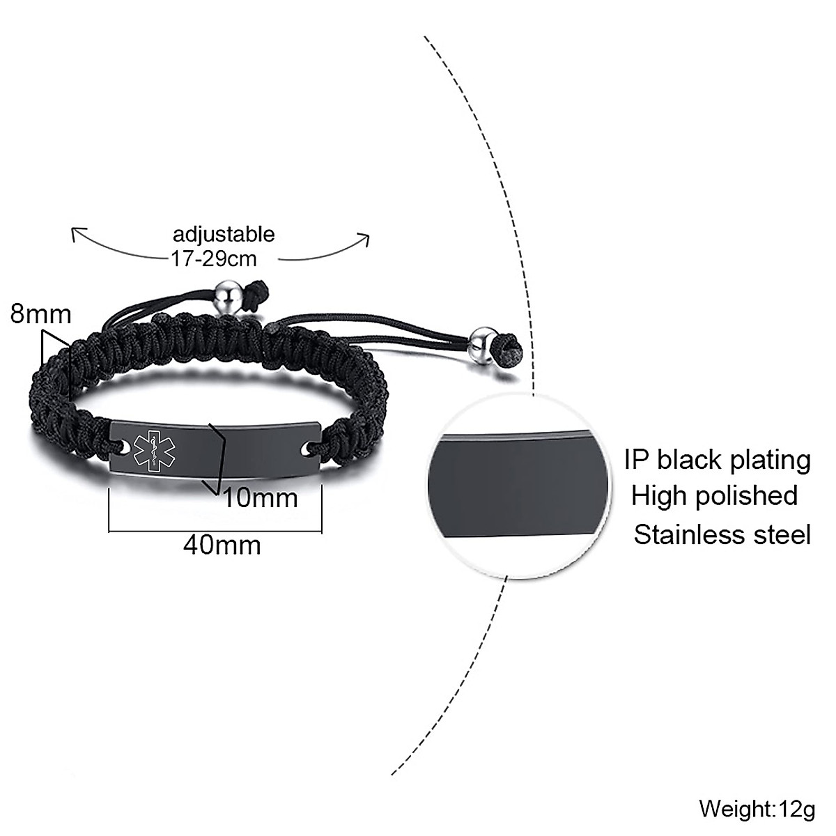 VNOX Custom Engraving Handmade Braided Rope Adjustable Medical Alert ID Bracelet Fits Adults,5.9-9 Inches