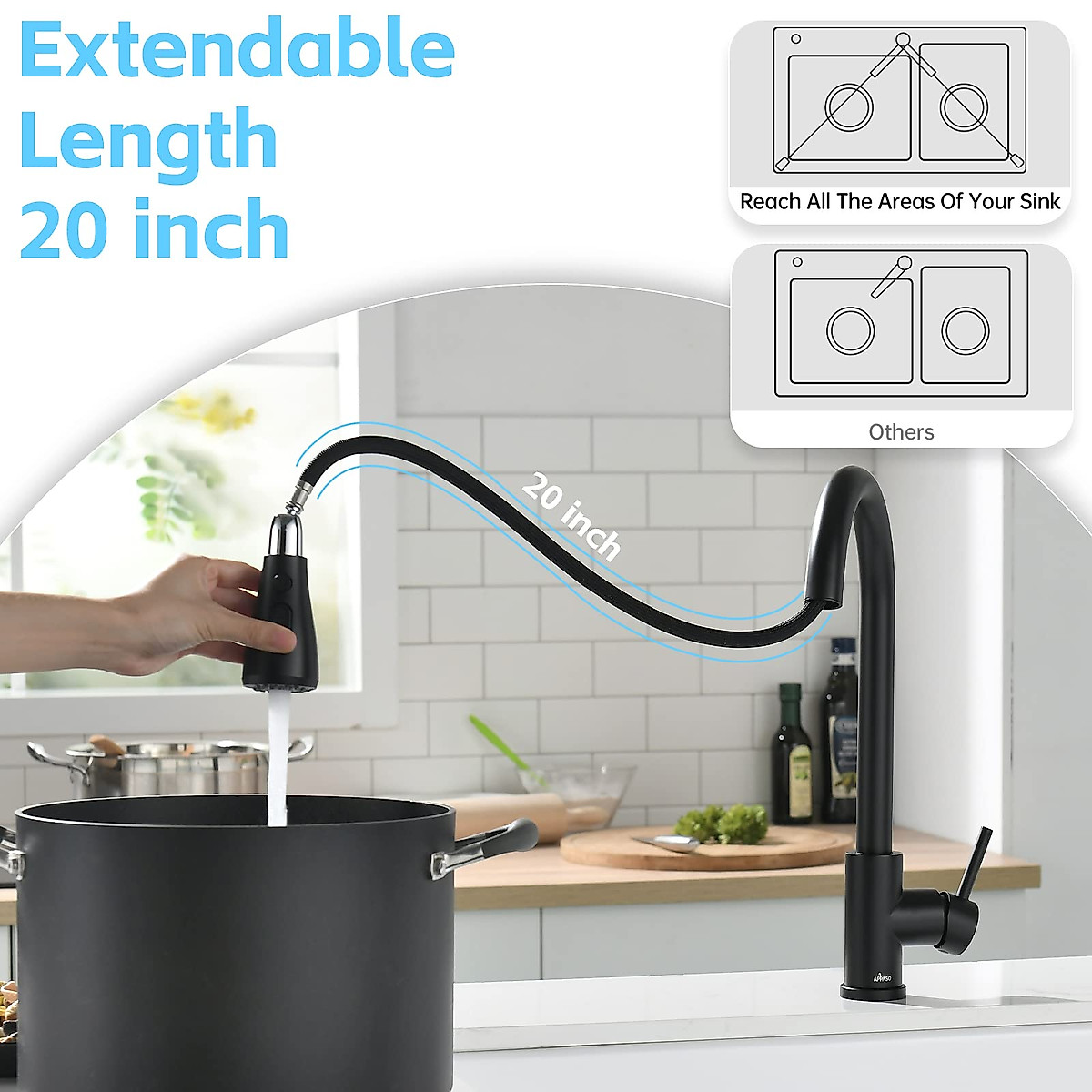 APPASO Black Kitchen Faucet with Soap Dispenser, Modern RV Kitchen Sink Faucet with Pull Down Sprayer 3 Modes, Solid Stainless Steel Faucet Kitchen Matte Black for Bar Sink, High Arc & Single Handle