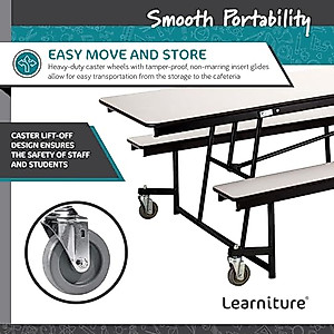 Learniture Mobile Bench Cafeteria Table for Schools and Lunch Rooms, Heavy-Duty Rolling Cafeteria Table with Benches and Casters, Gray/Black