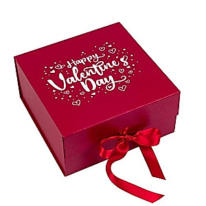 WRAPAHOLIC 1 Pcs 8x8x4 Inches Red Happy Valentine's Day Gift Box with Satin Ribbon, Collapsible Gift Box with Magnetic Closure and 2 Pcs White Tissue Paper, Perfect for Valentine's Day Gift Wrap