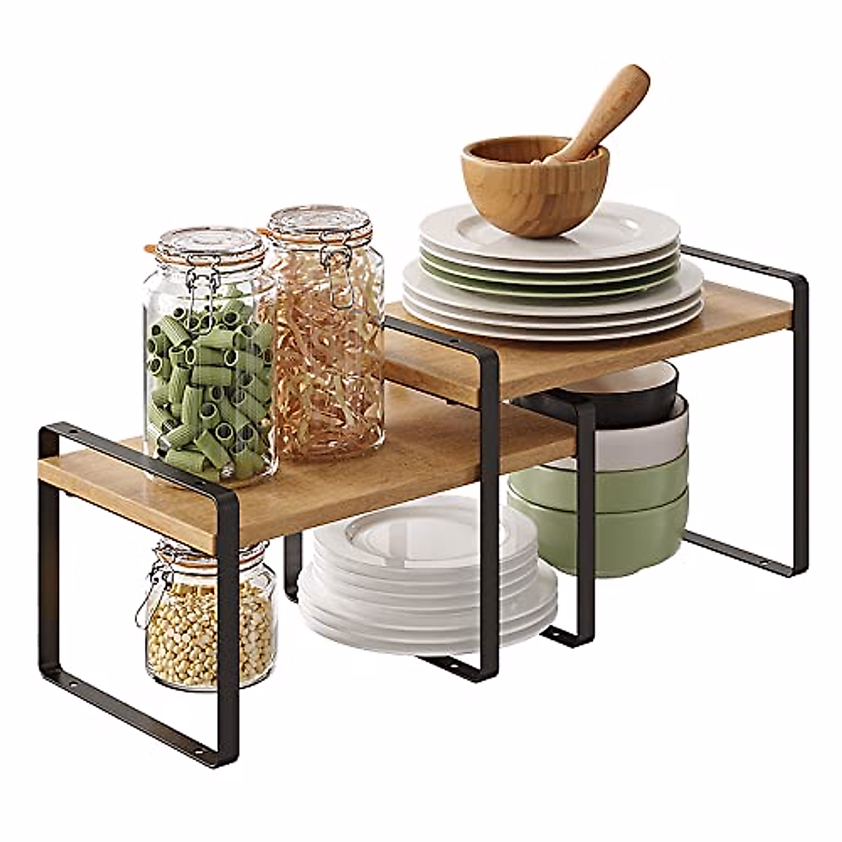 HILINSIE Cabinet Organizer Shelf- Set of 2 Kitchen Counter Shelves, Expandable Spice Racks, Stackable Counter Top Shelf, Engineered Wood and Metal, 7.7 x 11.6 x 14 Inches, Natural and Black