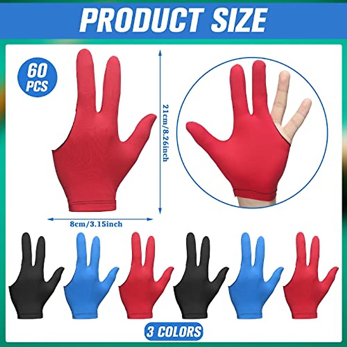 Libima 60 Pcs Billiard Pool Gloves 3 Fingers Billiard Gloves Left and Right Hand Billiard Gloves Universal Cue Sports Gloves for Women Men Billiard Shooters Accessories (Red, Blue, Black)