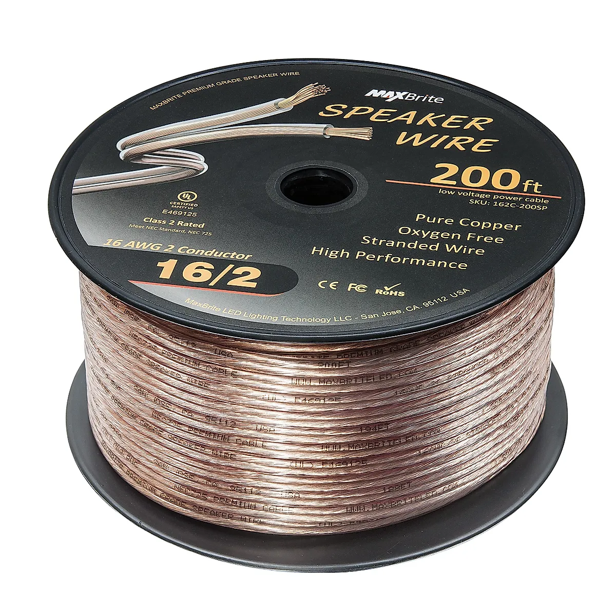 High Performance 16 Gauge Speaker Wire, Oxygen Free Pure Copper - UL Listed Class 2 (200 Feet Spool)