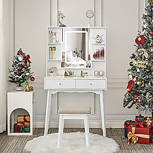 ANWBROAD Makeup Vanity Desk Vanity Table Set with LED Lighted Mirror Vanity Set with 3 Adjustable Lighting Colors 5 Storage Shelves 2 Big Drawers Dresser Cushioned Stool for Girls Women (White)