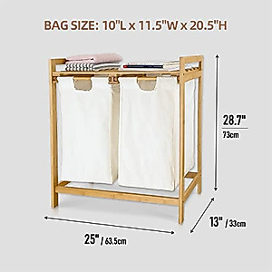 Bellglee Laundry Hamper with Shelf, 2 Sections Wooden Laundry Basket with Sliding Removable Bags, Bamboo Wood Laundry Organizer with Double Compartments, Laundry Sorter with Handles